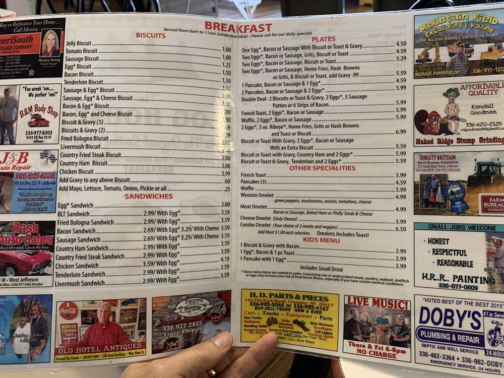 Menu at The Log House cafe, West Jefferson