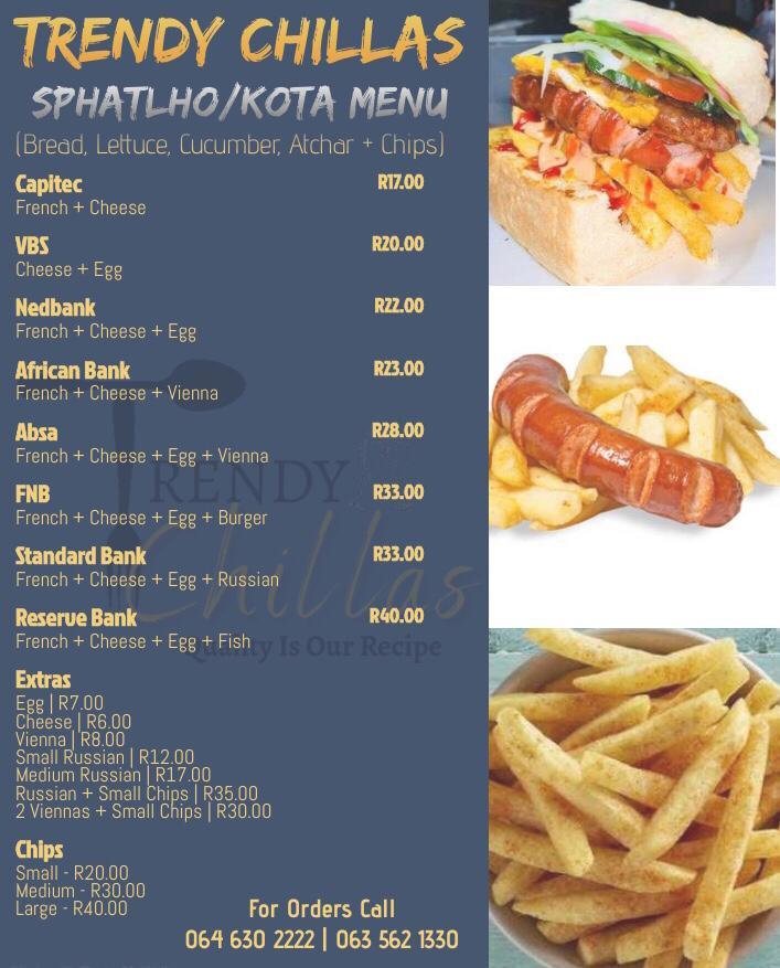 Menu at Trendy Chillas restaurant, Pretoria
