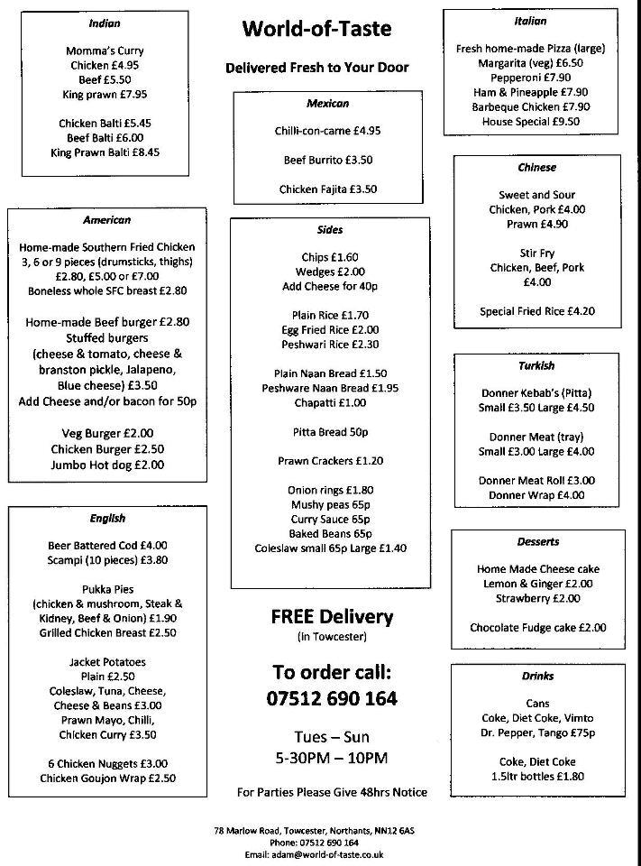Menu at World-of-Taste restaurant, Towcester