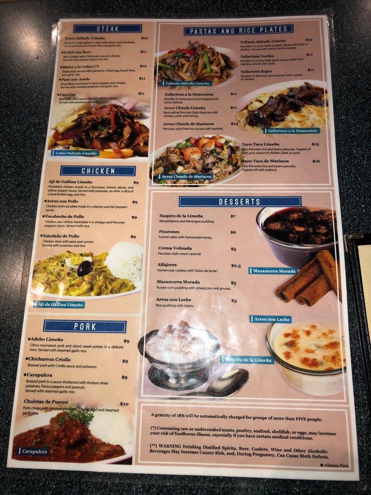 Menu at Lima Criolla restaurant, Austin