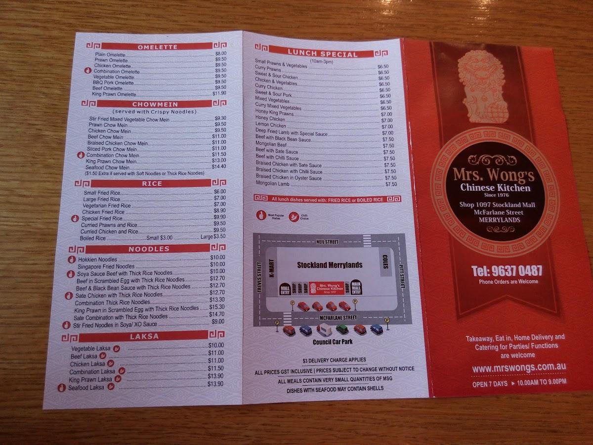 Menu at Mrs Wong's Chinese Kitchen fast food, Merrylands, McFarlane St