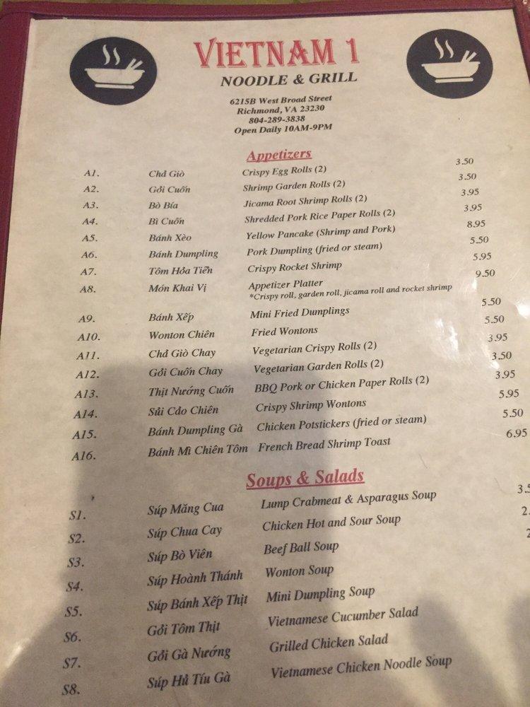 Menu at Vietnam One restaurant, Richmond