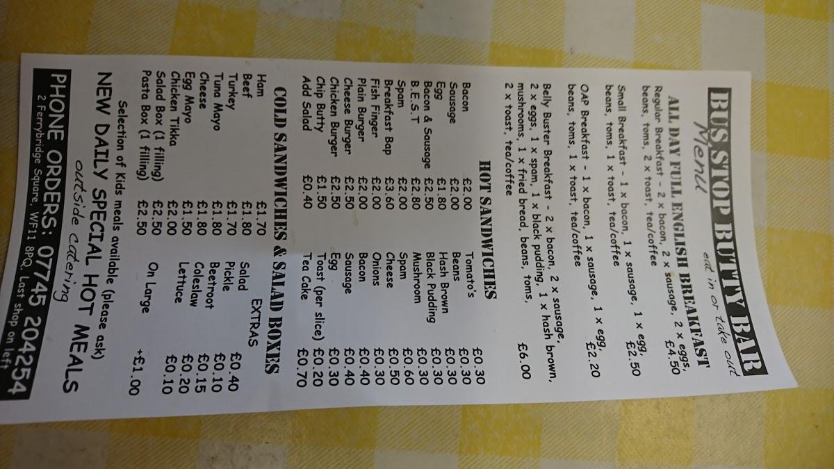 Menu at bus stop butty bar, Castleford