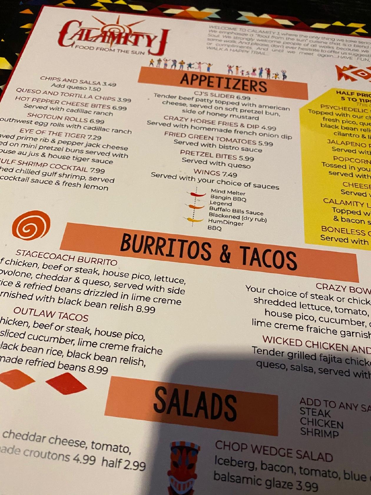 Menu at Calamity J Grill & Bar, Huntington