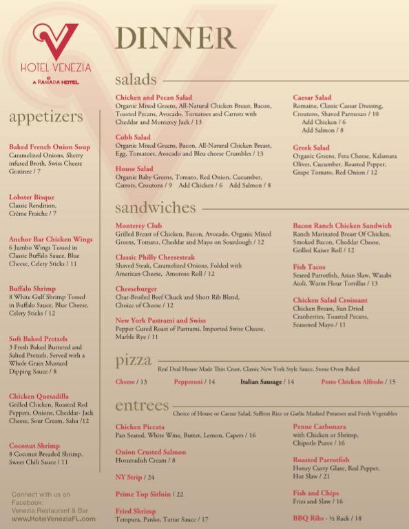 Menu at Hotel Venezia Restaurant & Bar, Venice