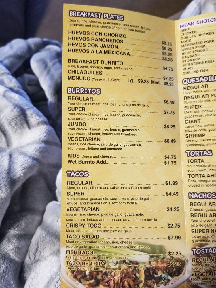 Menu at Los Charros Taquerria restaurant, Gridley