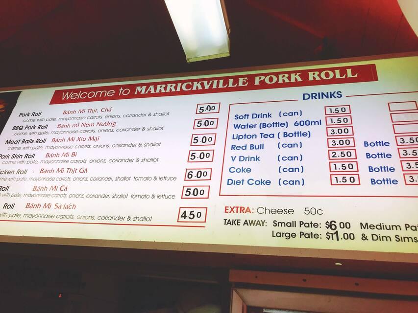 Menu at Marrickville Pork Roll fast food, Marrickville, 236 Illawarra Rd