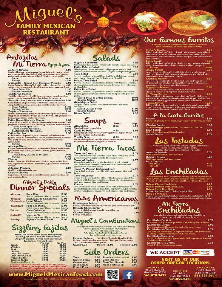 Menu at Miguel's Mexican Cuisine restaurant, Shady Cove