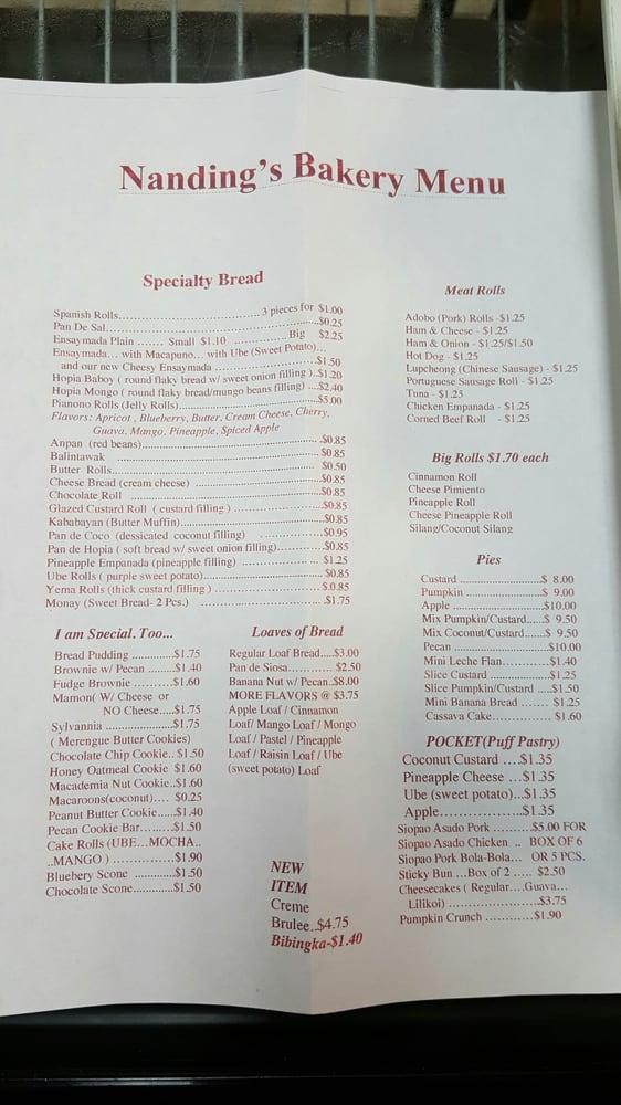 Menu at Nanding's Bakery, Waipahu