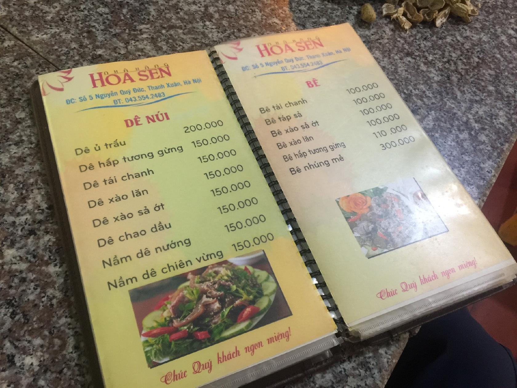 Menu at Nhà hàng Hoa Sen restaurant, Hanoi, 05 Nguyễn Quý Đức
