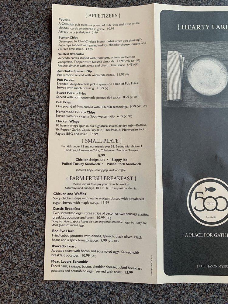 Menu at Pub 500, Mankato