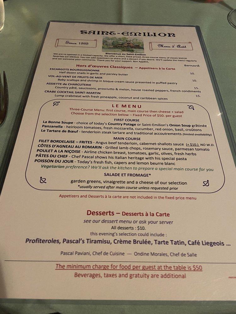 Menu at Saint-Emilion Restaurant, Fort Worth