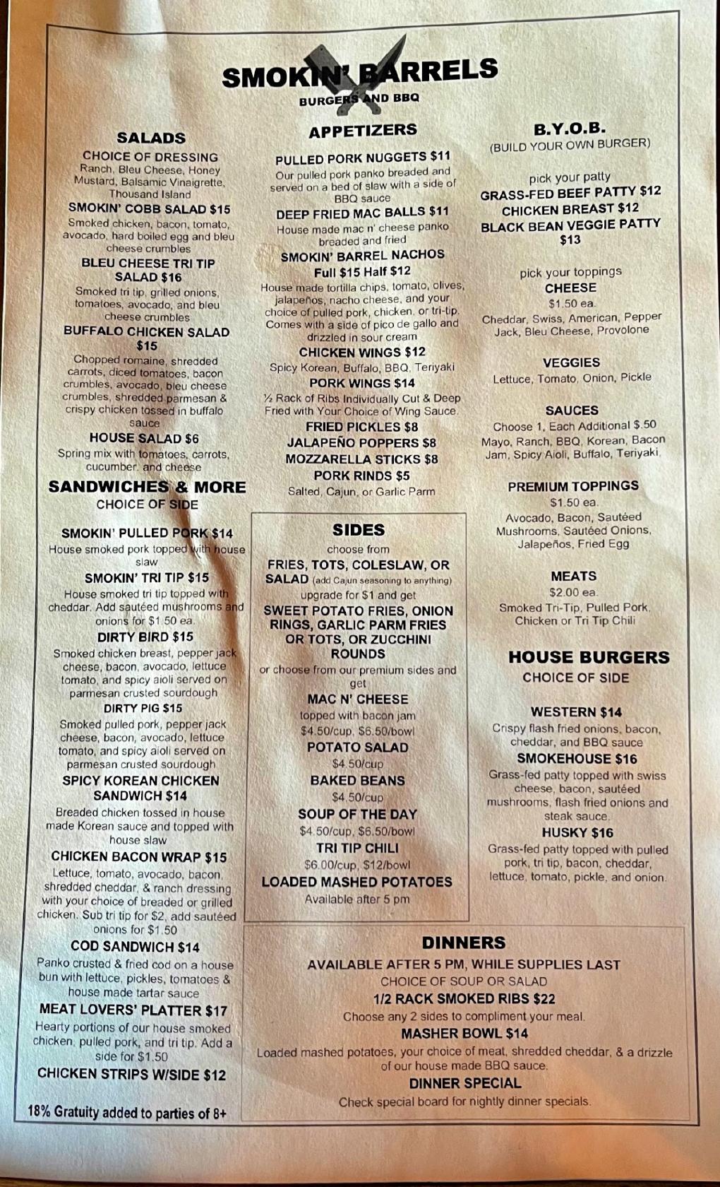 Menu at Smokin barrels burgers & bbq, Fortuna