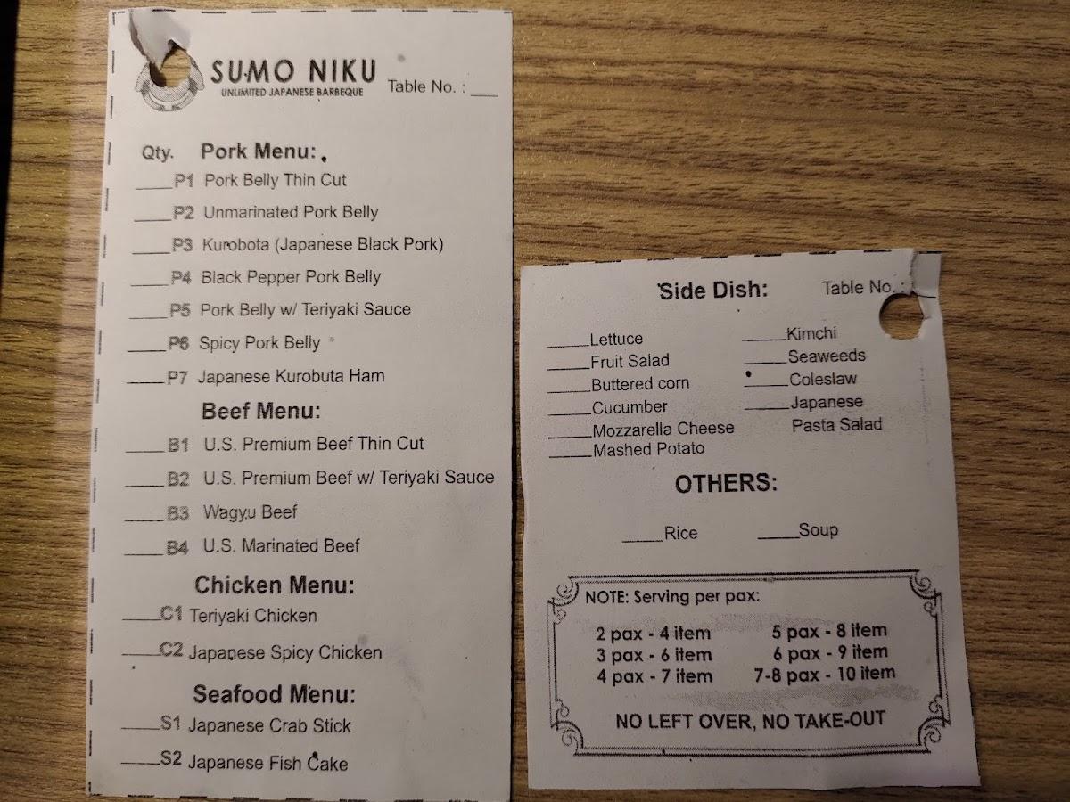 Menu at Sumo Niku SM Manila restaurant, Manila