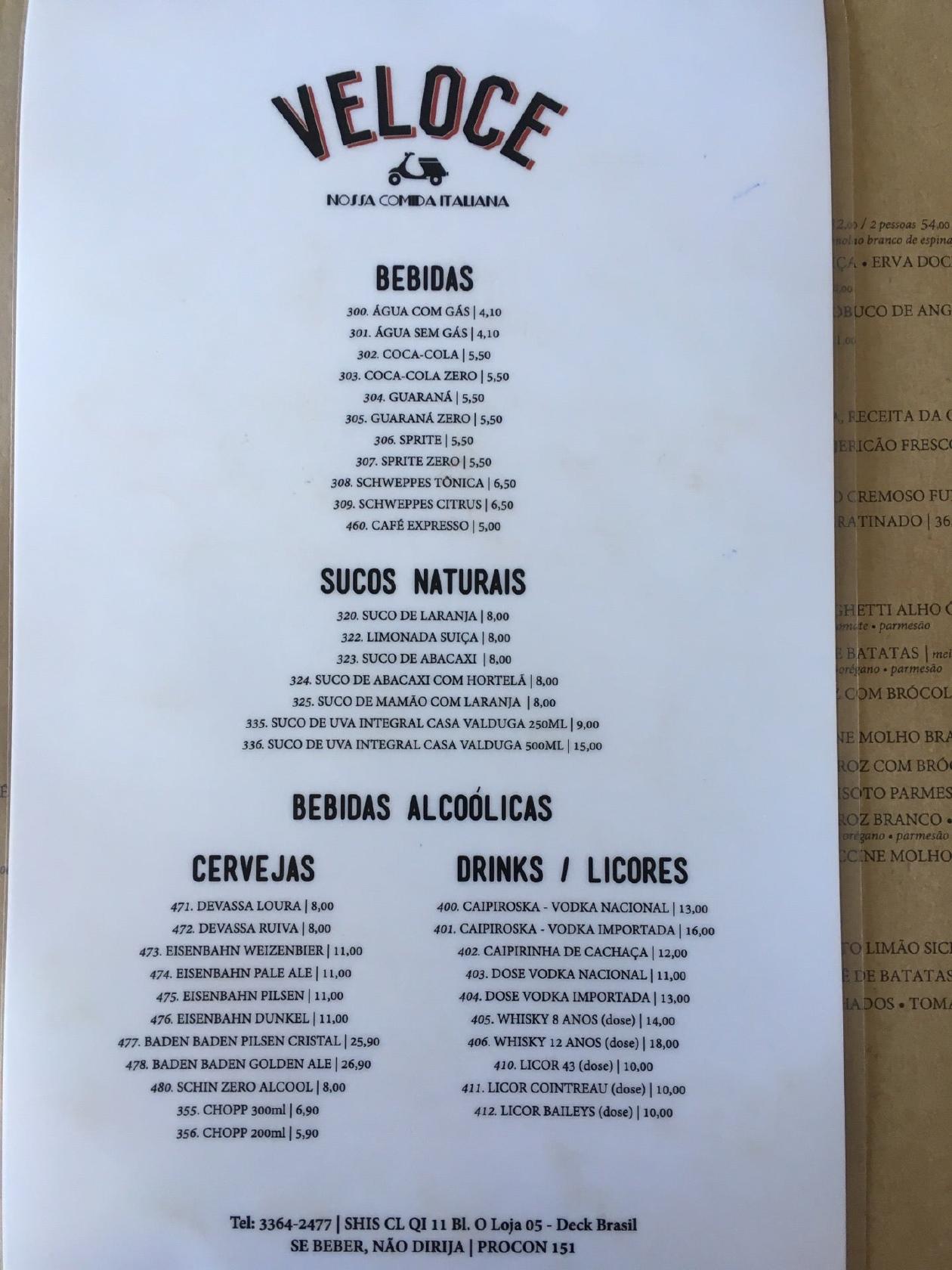 Menu em Veloce Massas restaurante, Brasília, St. de Habitações ...