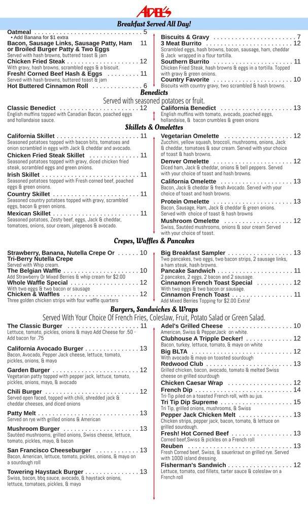 Menu at Adel's Restaurant, Eureka