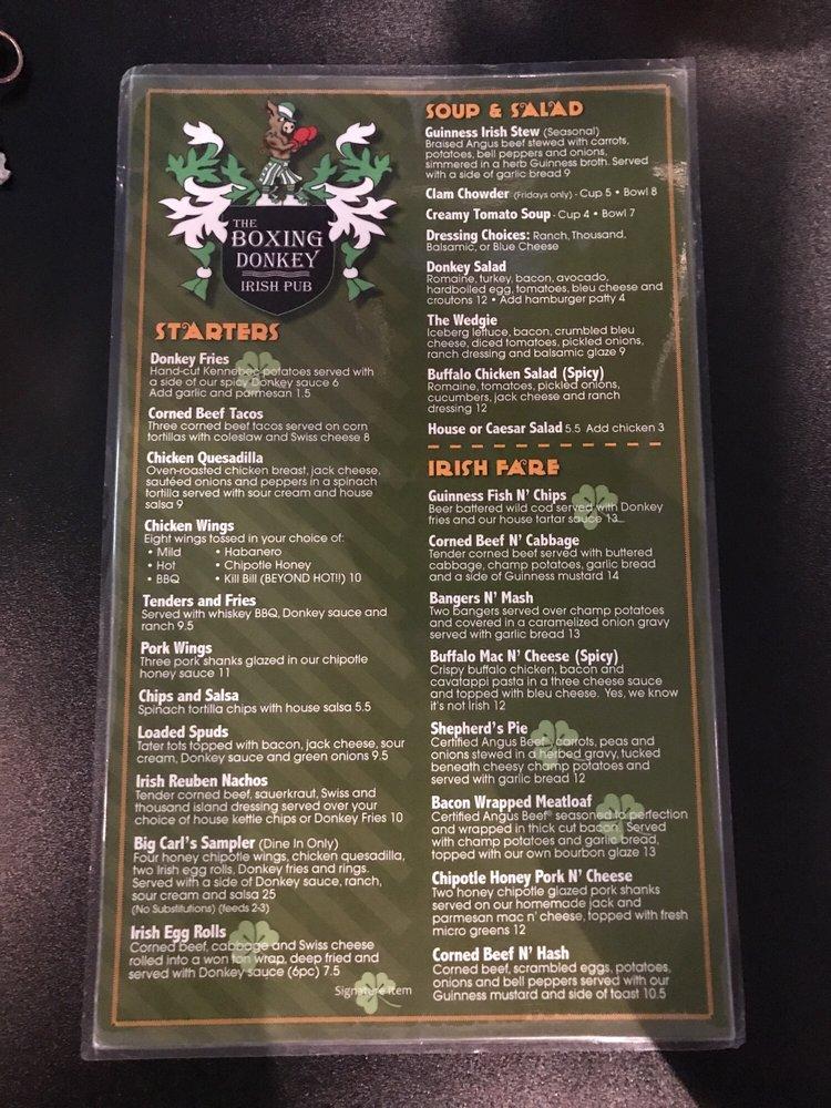 Menu at The Boxing Donkey Irish Pub & Restaurant, Roseville