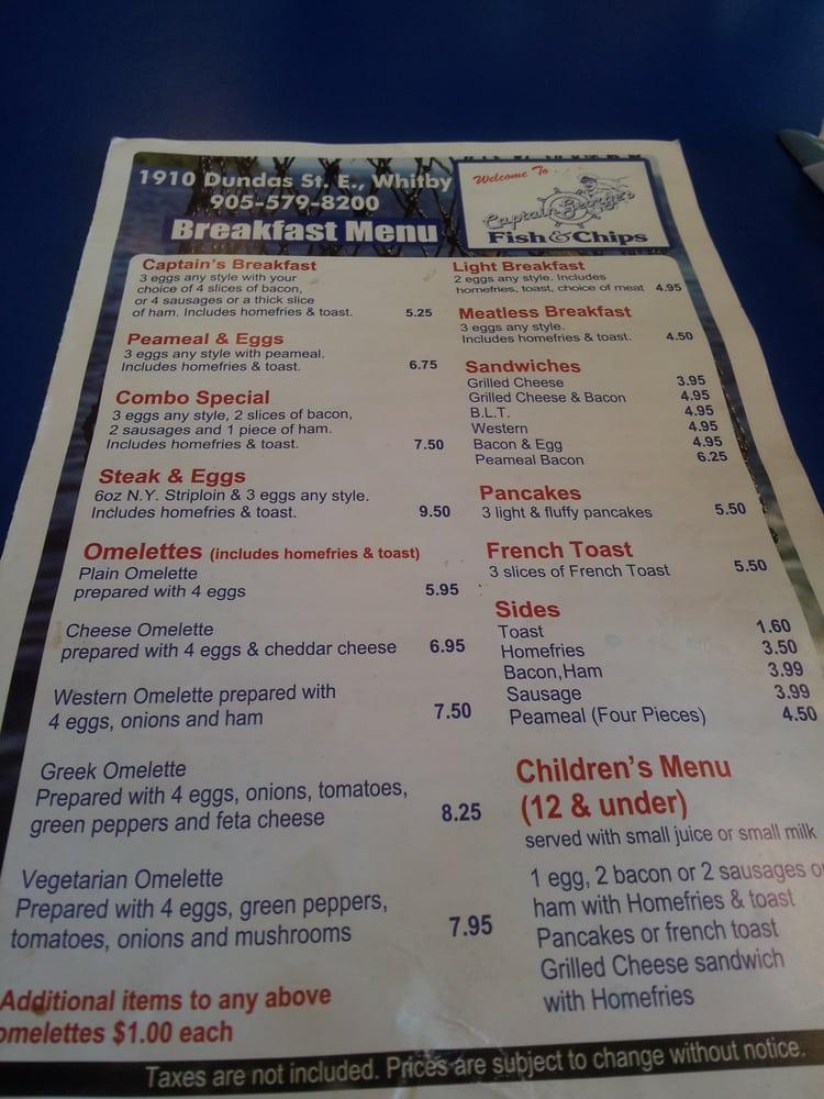 Menu at Captain George's Fish & Chips restaurant, Whitby, Dundas St E