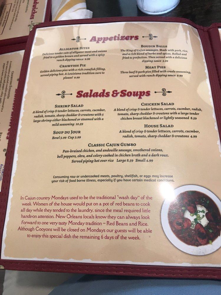 Menu at Cooyons restaurant, Mountain Home