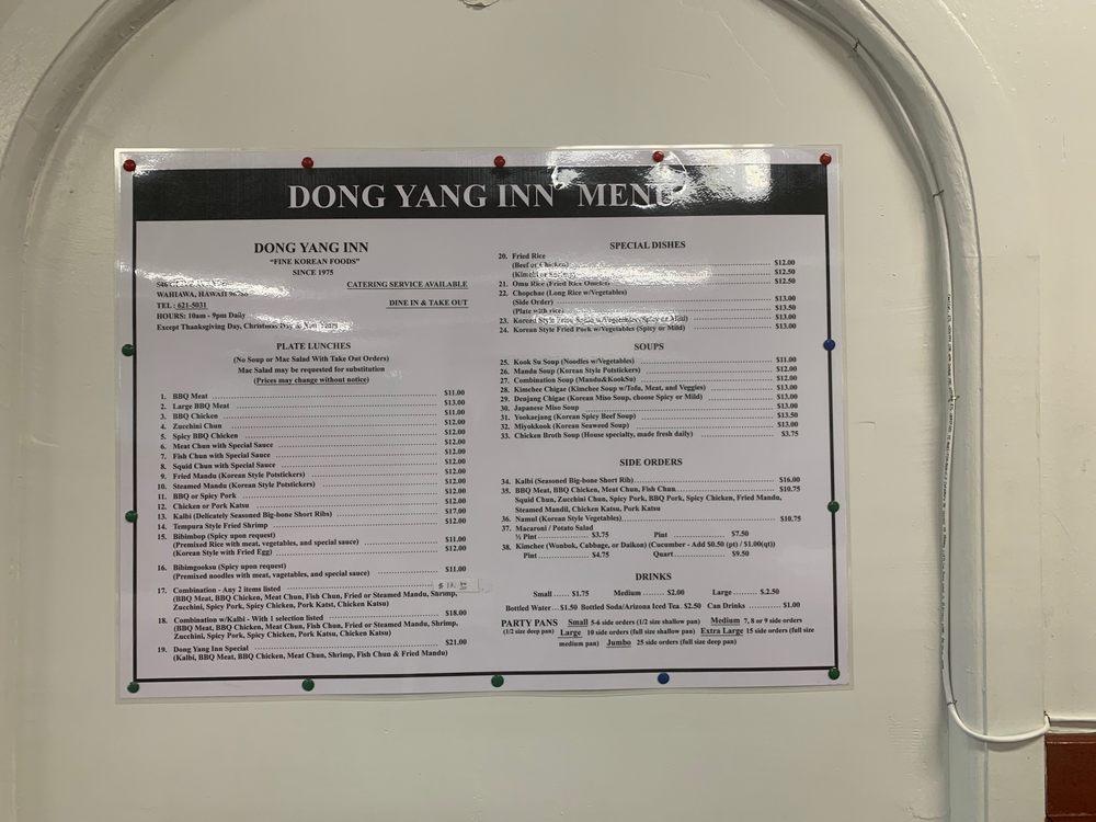 Menu at Dong Yang Inn restaurant, Wahiawa