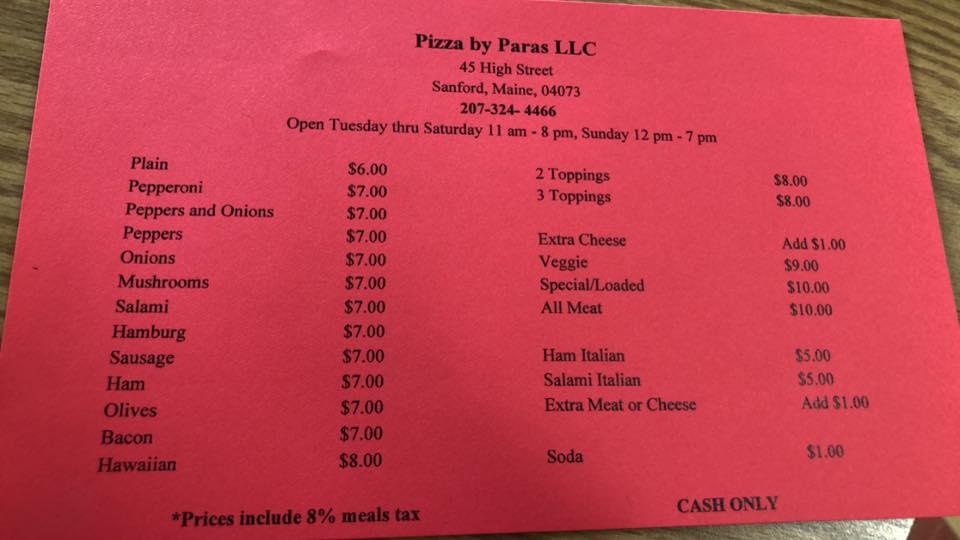 Menu at Paras Pizza pizzeria, Sanford