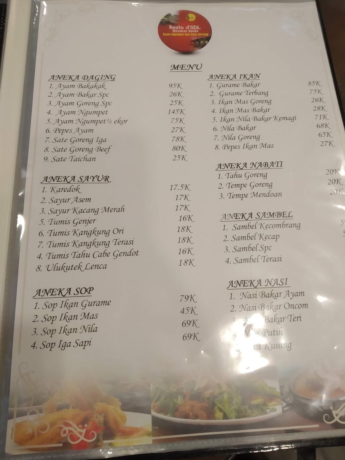 Menu at Resto d’SDL - Ayam Ngumpet & Sate Goreng restaurant, South Jakarta