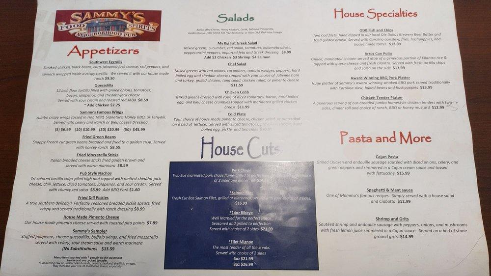 Menu at Sammy's Restaurant And Pub, Dallas
