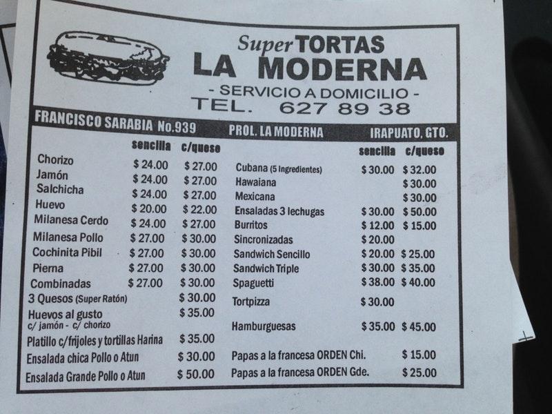 Menu at Super Tortas La Moderna restaurant, Irapuato