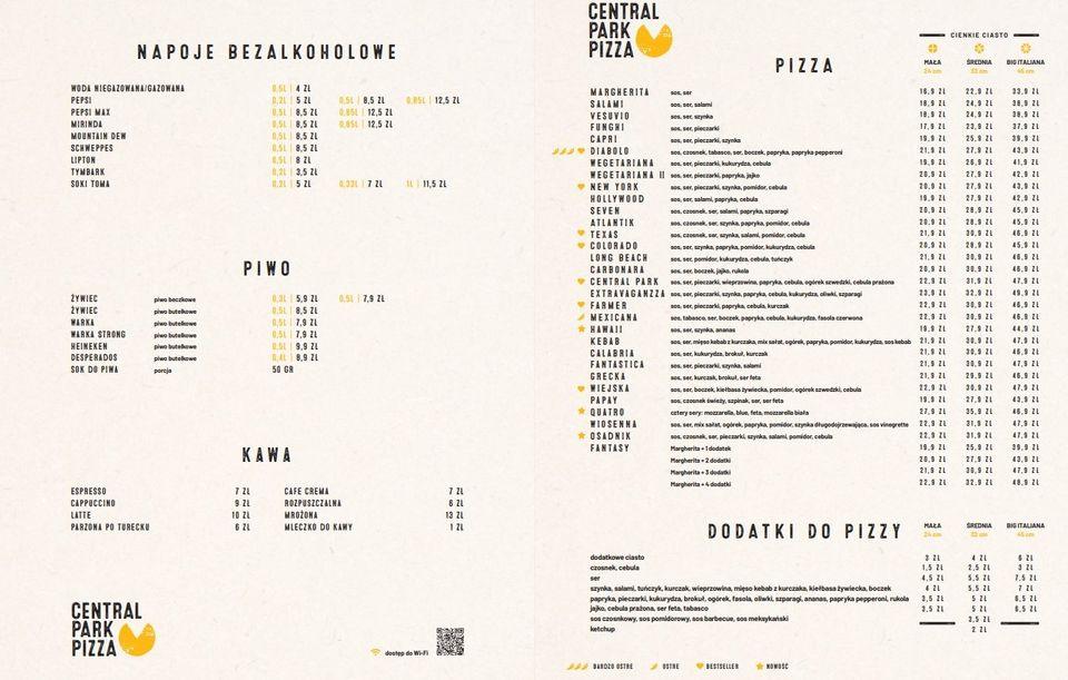 Carta de Central Park Pizza. Pizzeria. Gański D., Myślibórz