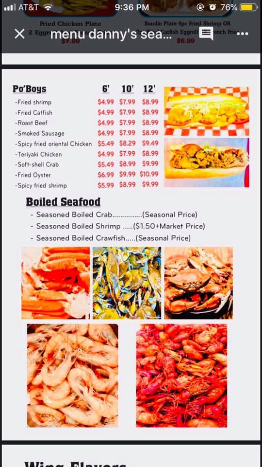 Menu at Danny's Seafood restaurant, Long Beach