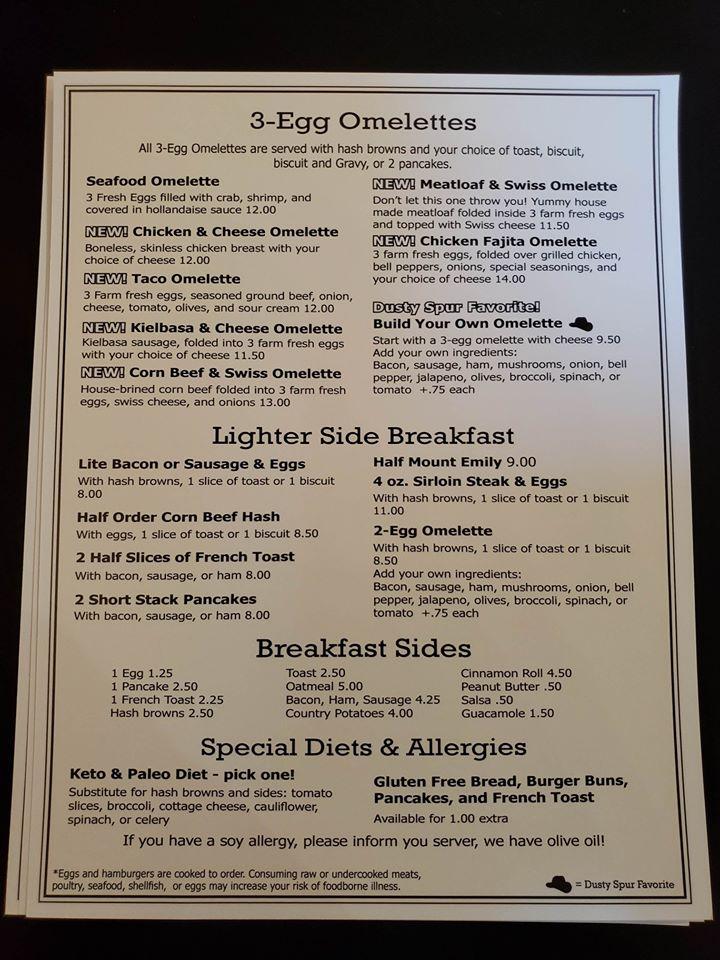 Menu at Dusty Spur Cafe, La Grande