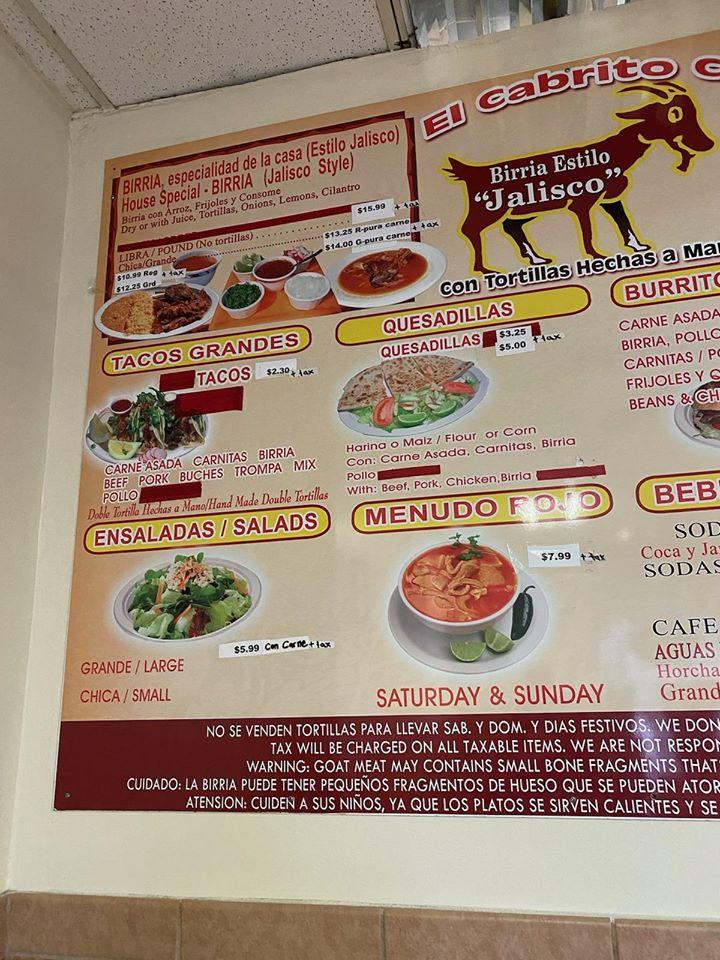 Menu at El Cabrito restaurant, Pomona