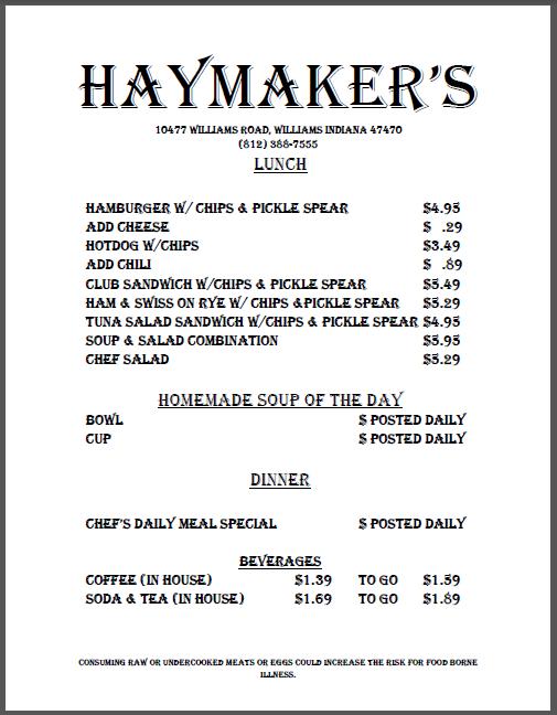 Menu at Haymaker's Restaurant and Country Store, Williams