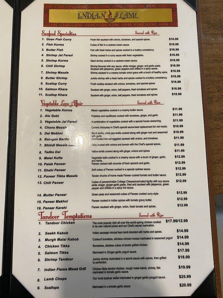 Menu at Indian Flame Restaurant, Cleveland