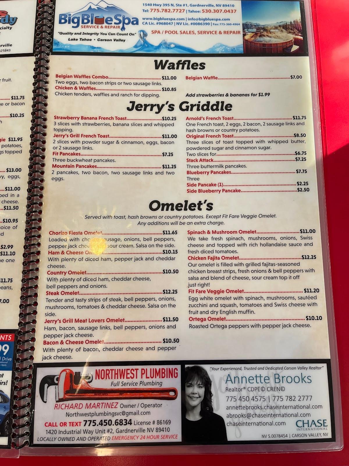 Menu at Jerry's Grill restaurant, Gardnerville