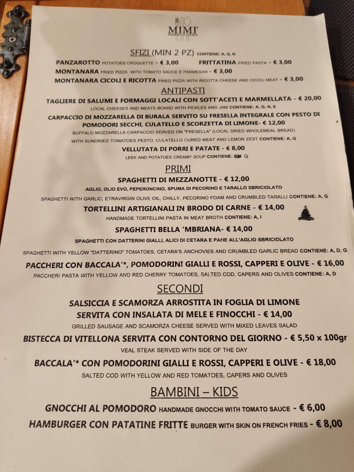 Menu at Mimí Pizzeria&Cucina, Ravello