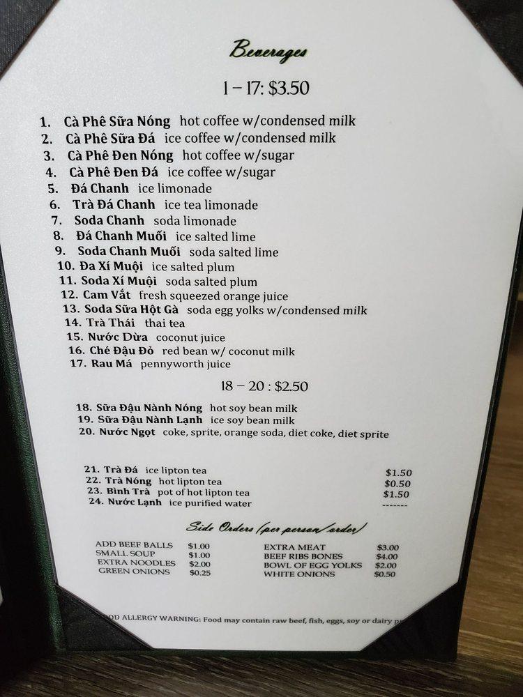 Menu at Pho Hong Long restaurant, Garden Grove