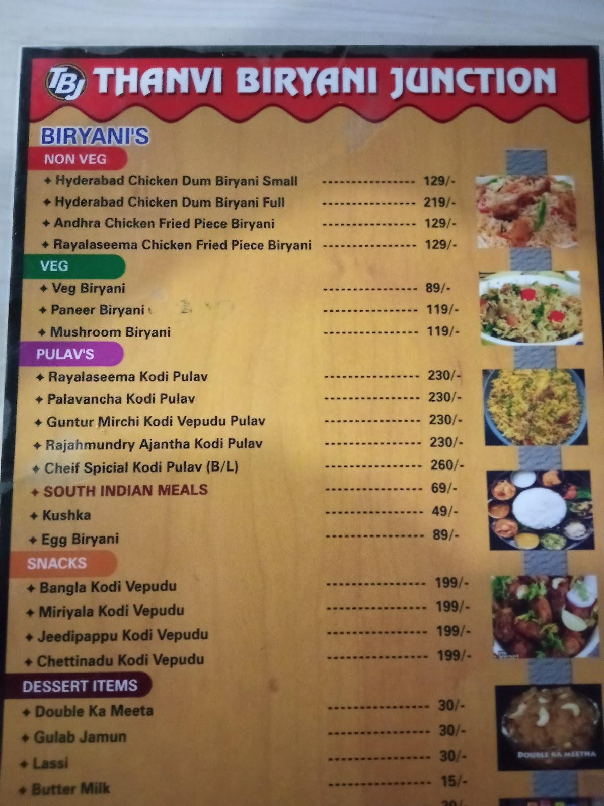 Menu at Thanvi biryani junction, Kalyandurg