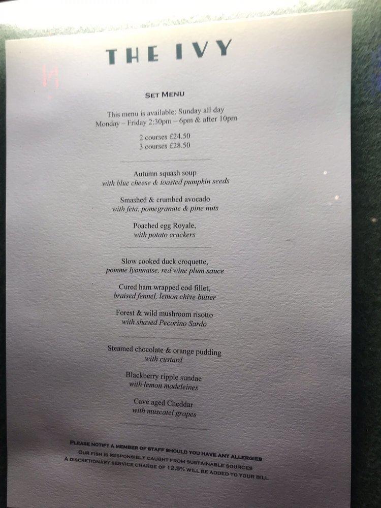 Menu at The Ivy restaurant, London, 1-5 West St
