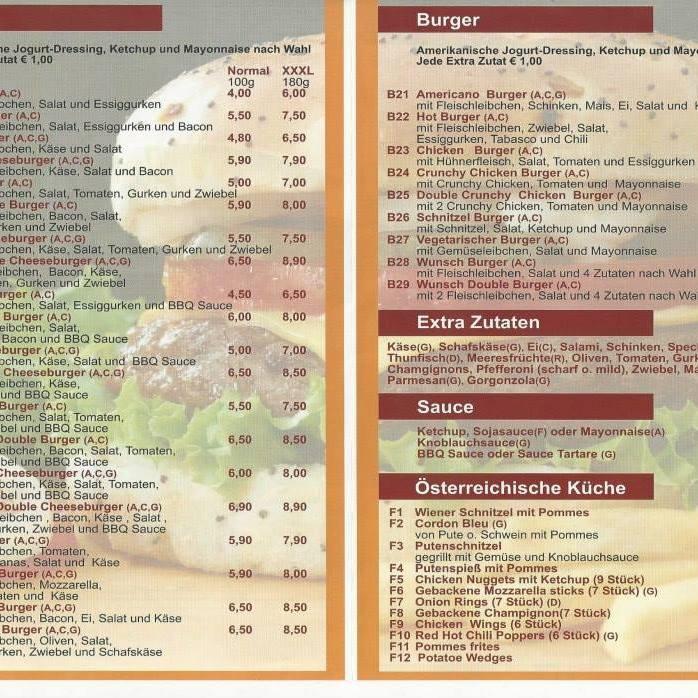 Menu at Burger Land restaurant, Graz