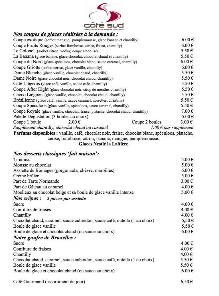 Carta del restaurante Côté Sud, Eppe-Sauvage, Parc Val Joly