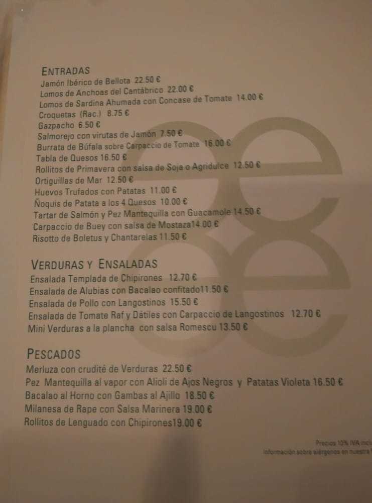 Menu at Embassy restaurant, Madrid, P.º de la Castellana