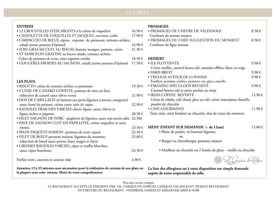Carta del restaurante Le Jardin del Celina, Valensole