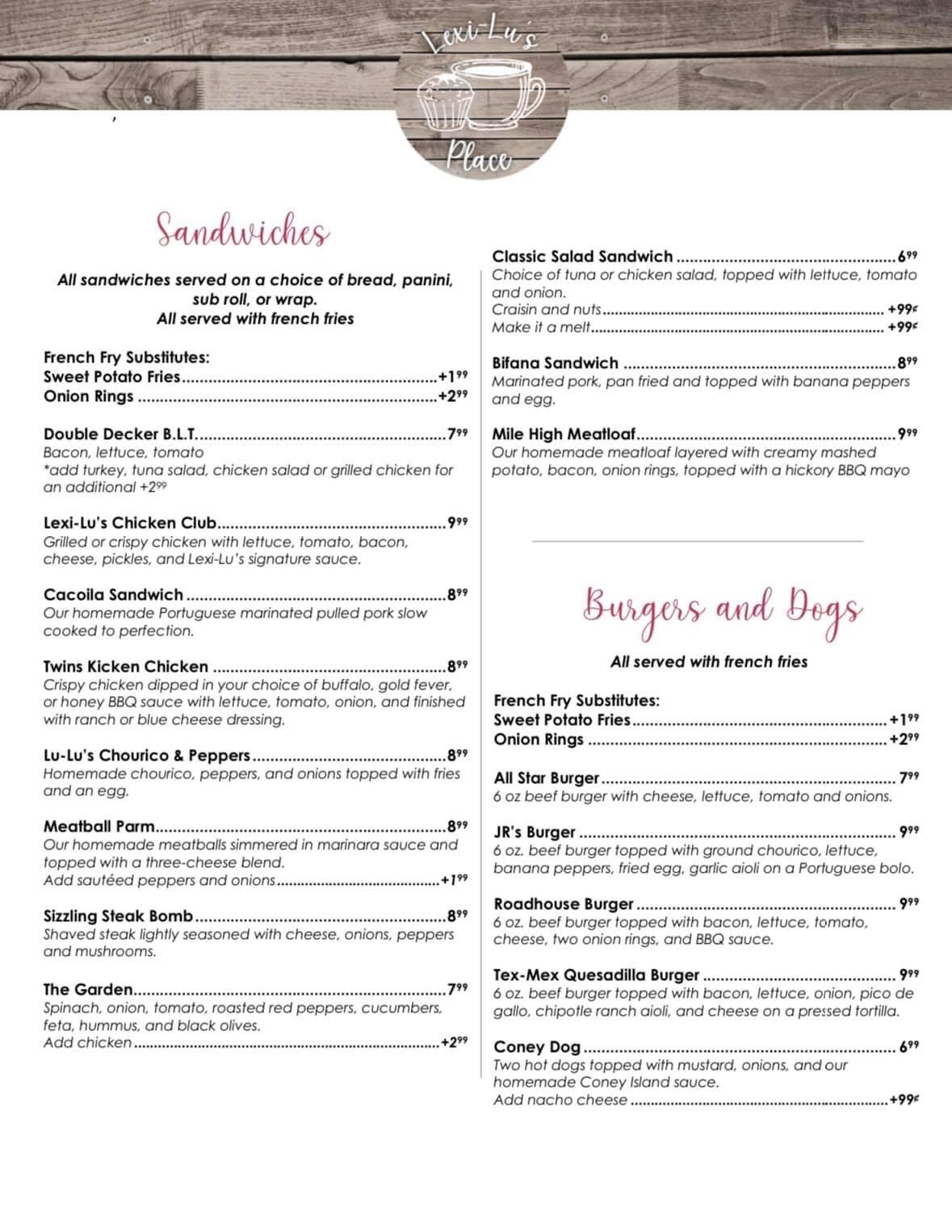 Menu at Lexi-Lu's Place restaurant, Westport