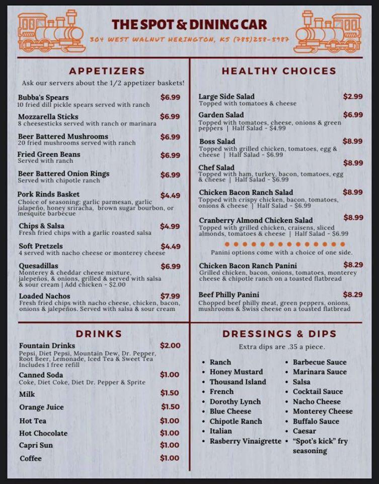 Menu at The Spot & Dining Car restaurant, Herington