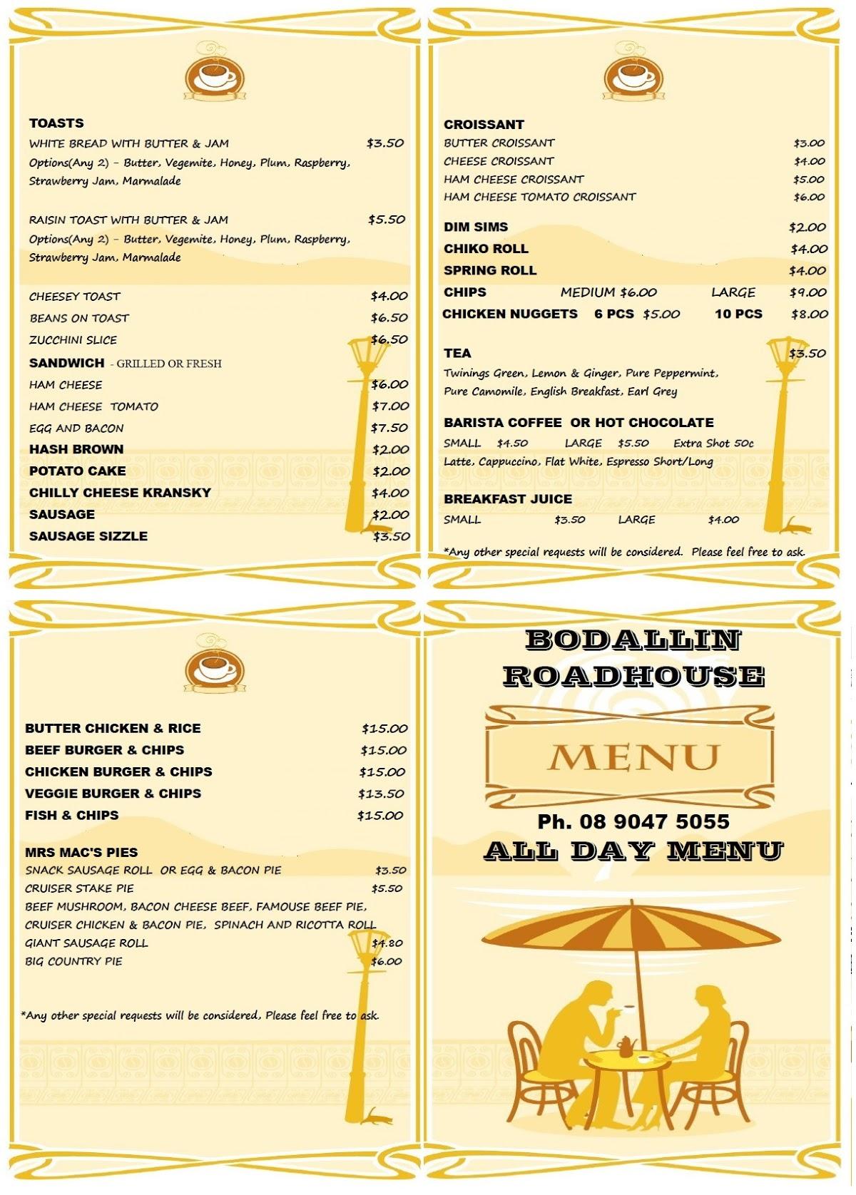 Menu at Bodallin Roadhouse restaurant, Bodallin