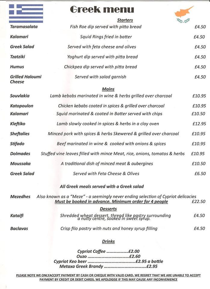 Menu at Demetrio’s restaurant, New Romney