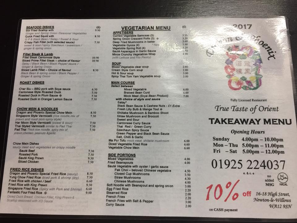 Menu at Dragon & Phoenix Restaurant, Newton-le-Willows