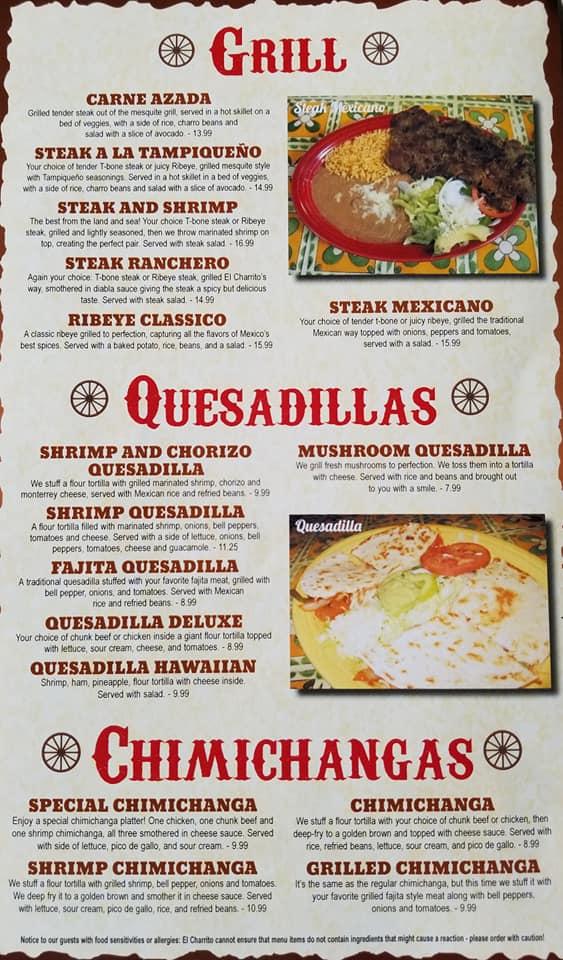 Menu at El Charrito's restaurant, Water Valley, 119 N Main St