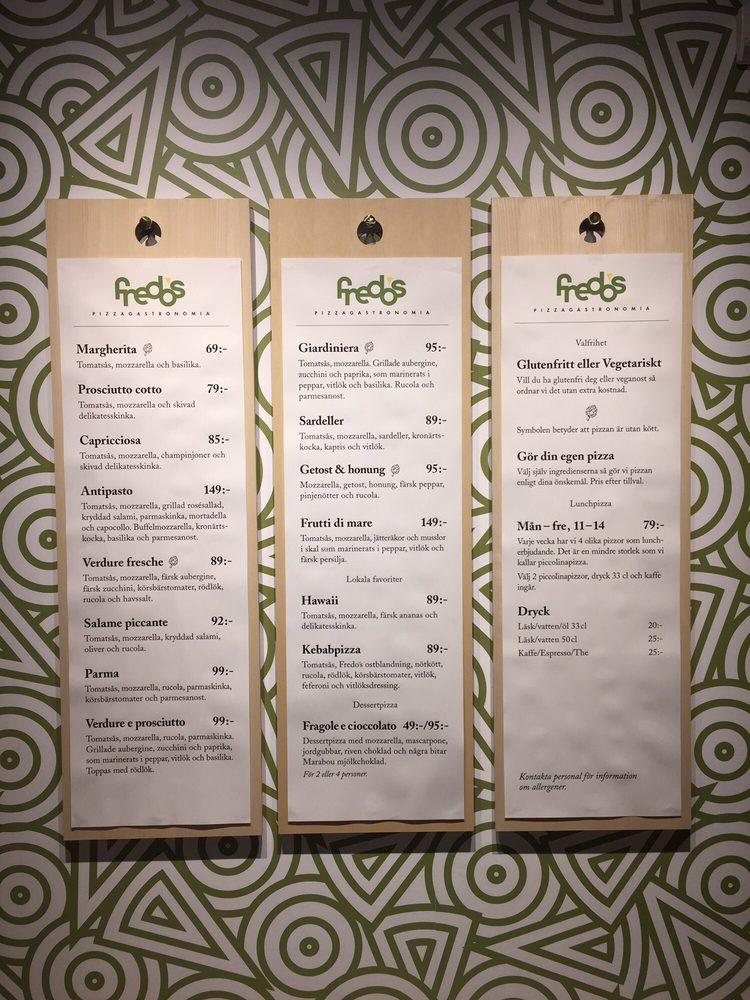 Menu at Fredo's Pizzagastronomia pizzeria, Malmö